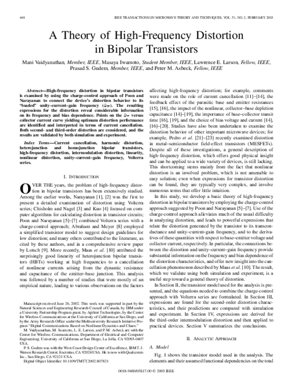 (PDF) A theory of high-frequency distortion in bipolar transistors