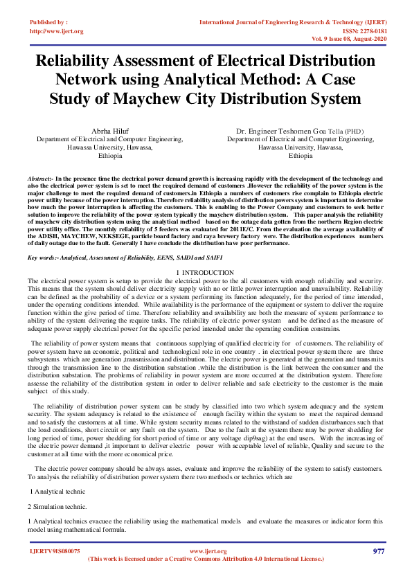 (PDF) Reliability Assessment of Electrical Distribution Network using Analytical Method: A Case ...