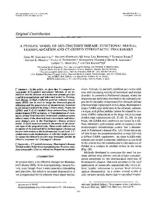 (PDF) A Primate Model of Huntington'S Disease: Functional Neural ...