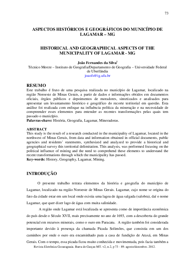 (PDF) Aspectos históricos e geográficos do município de lagamar: MG