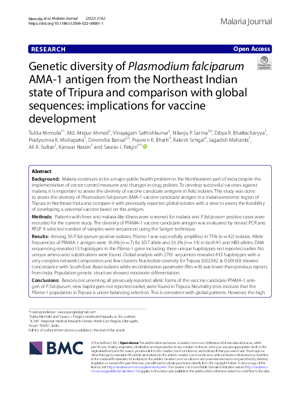 (PDF) Genetic diversity of Plasmodium falciparum AMA-1 antigen from the ...