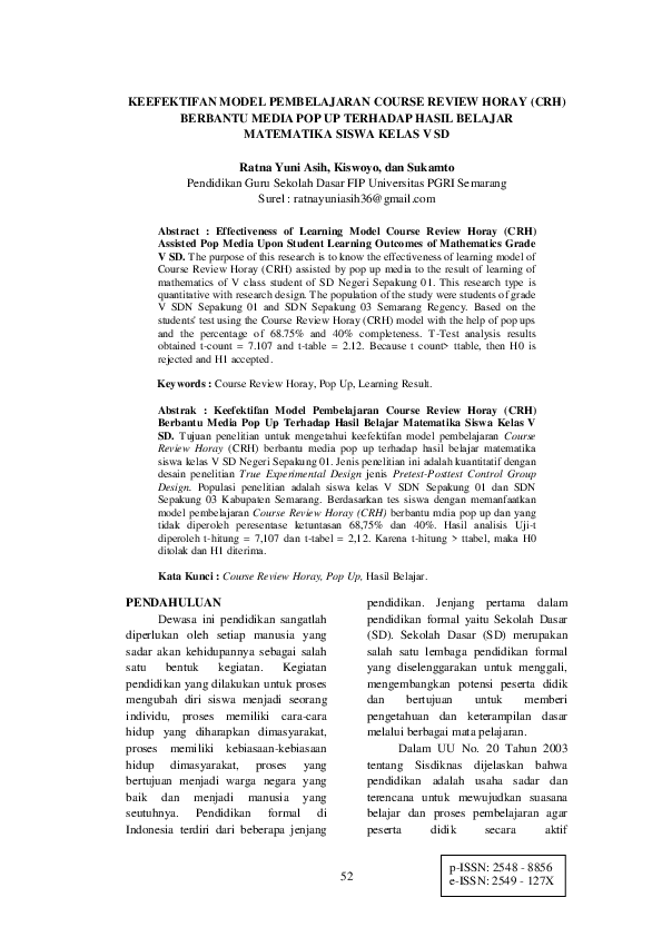 (PDF) Keefektifan Model Pembelajaran Course Review Horay (CRH) Berbantu Media Pop Up Terhadap ...