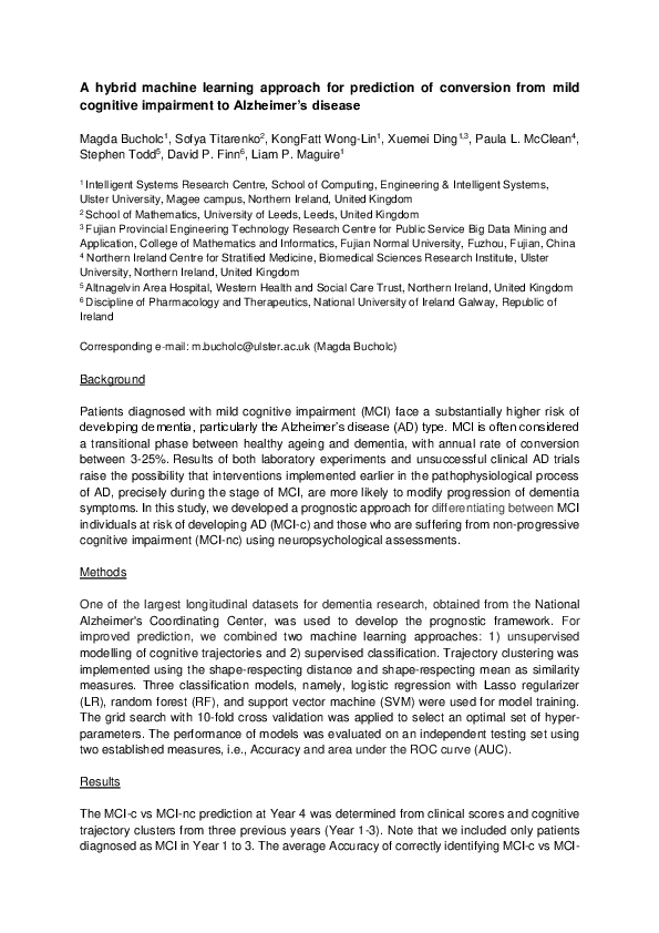 (PDF) P1‐325: A Hybrid Machine Learning Approach for Prediction of Conversion from Mild ...