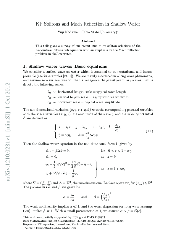 (PDF) KP solitons and Mach reflection in shallow water | Yuji Kodama ...