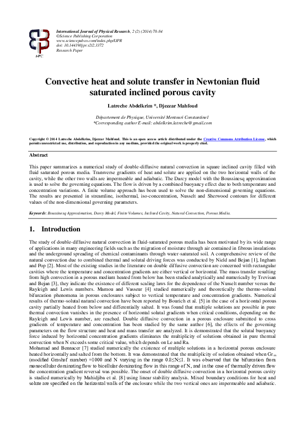 (PDF) Convective heat and solute transfer in Newtonian fluid saturated inclined porous cavity ...