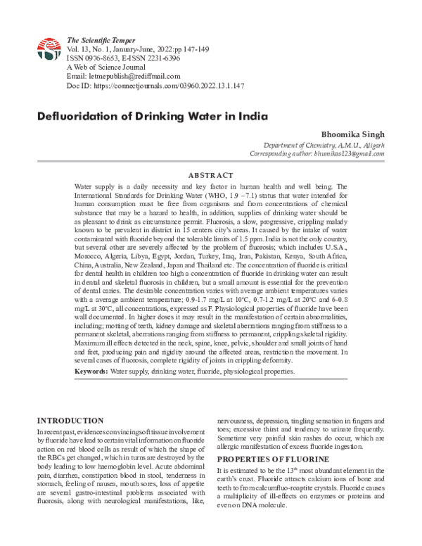 (PDF) Defluoridation of Drinking Water in India