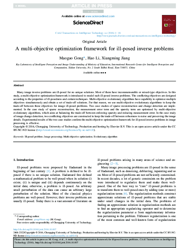 Pdf A Multi Objective Optimization Framework For Ill Posed Inverse