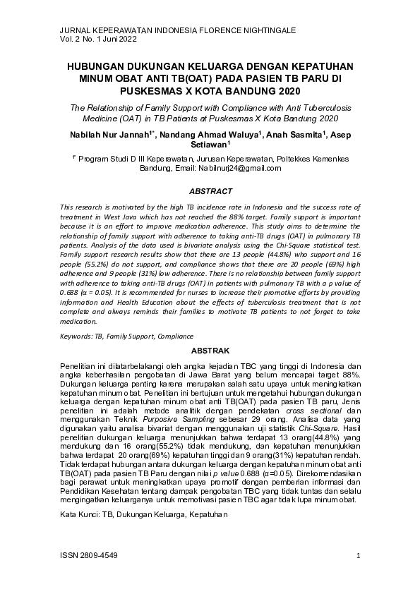 (PDF) Hubungan Dukungan Keluarga Dengan Kepatuhan Minum Obat Anti TB Pada Pasien TB Paru DI ...