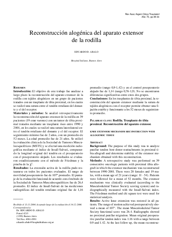 (PDF) Reconstrucción alogénica del aparato extensor de la rodilla
