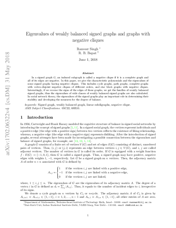 (PDF) Eigenvalues of weakly balanced signed graphs and graphs with negative cliques | Ranveer ...