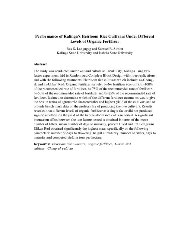 (PDF) erformance of Kalinga’s Heirloom Rice Cultivars Under Different ...