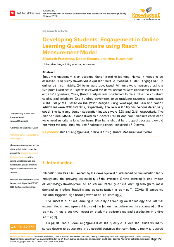 (PDF) Developing Students' Engagement in Online Learning Questionnaire using Rasch Measurement Model
