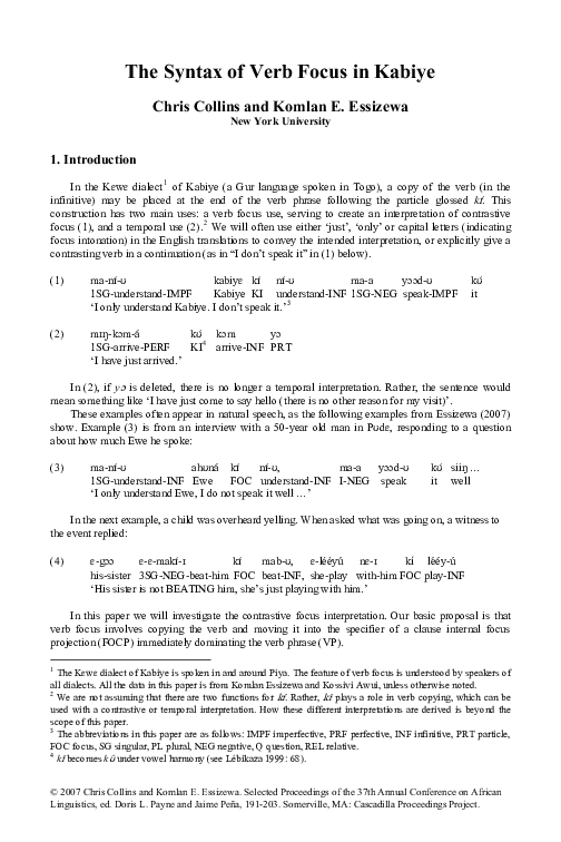 (PDF) The syntax of verb focus in Kabiye