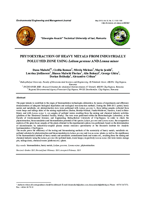 (PDF) PHYTOEXTRACTION OF HEAVY METALS FROM INDUSTRIALLY POLLUTED ZONE USING Lolium perenne AND ...