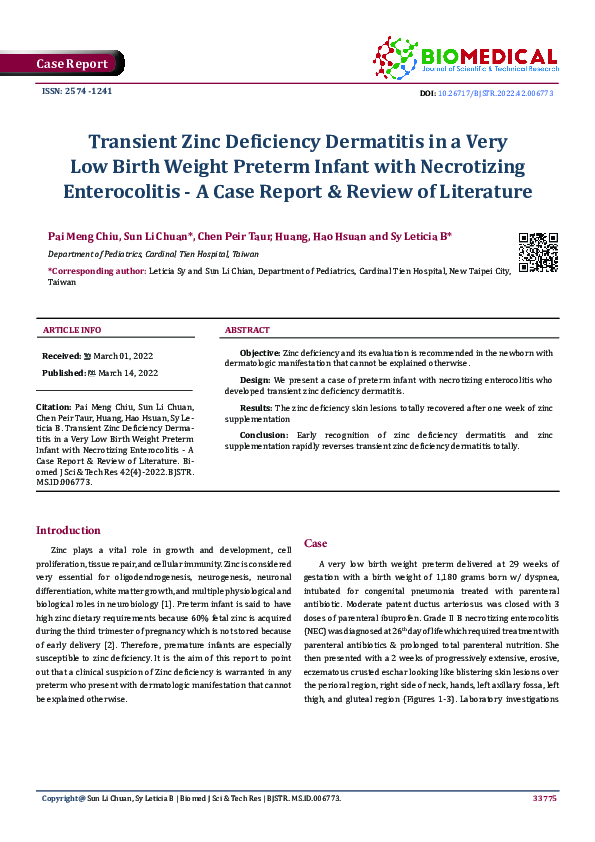 (PDF) Transient Zinc Deficiency Dermatitis in a Very Low Birth Weight ...