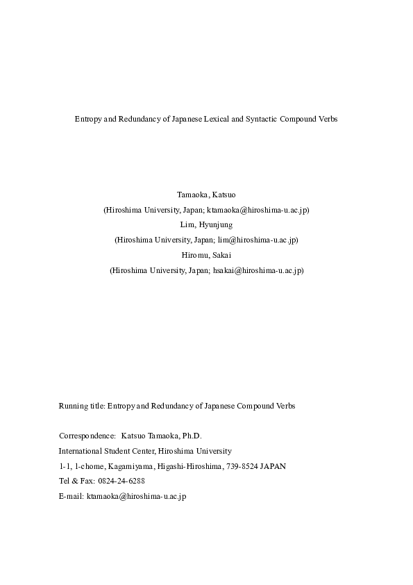 (PDF) Entropy and Redundancy of Japanese Lexical and Syntactic Compound Verbs