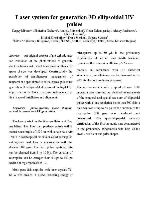 (PDF) Laser System for Generation 3D Ellipsoidal UV Pulses