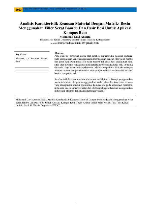 (PDF) Analisis Karakteristik Keausan Material Dengan Matriks Resin ...