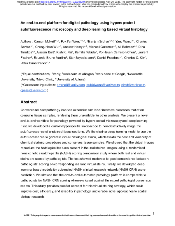 (PDF) An end-to-end platform for digital pathology using hyperspectral autofluorescence ...