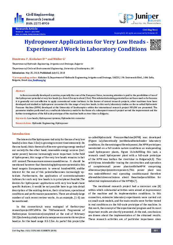 (PDF) Hydropower Applications for Very Low Heads - Experimental Work in Laboratory Conditions