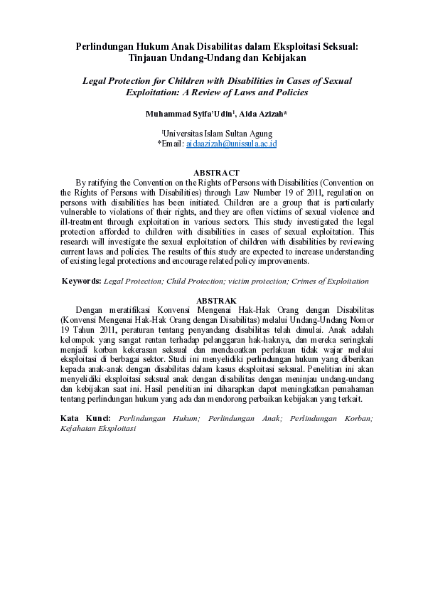 (PDF) Perlindungan Hukum Anak Disabilitas dalam Eksploitasi Seksual: Tinjauan Undang-Undang dan ...
