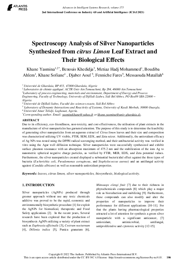 (PDF) Spectroscopy Analysis of Silver Nanoparticles Synthesized from citrus Limon Leaf Extract ...