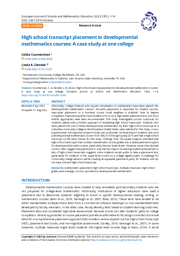 (PDF) High school transcript placement in developmental mathematics ...