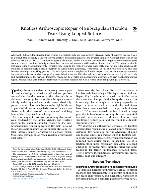 (PDF) Knotless Arthroscopic Repair of Subscapularis Tendon Tears Using ...