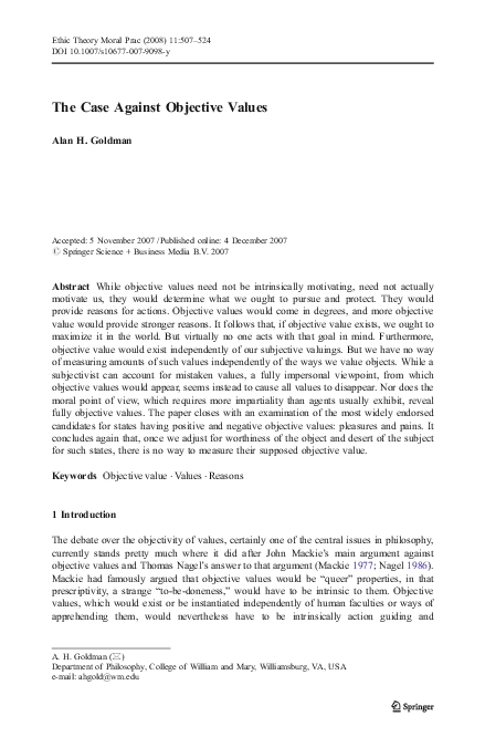 (PDF) The Case Against Objective Values