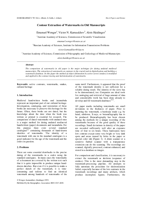 (PDF) Contour Extraction of Watermarks in Old Manuscripts