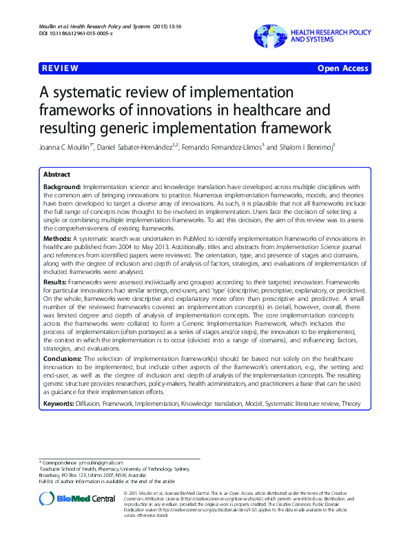 (PDF) A systematic review of implementation frameworks of innovations ...