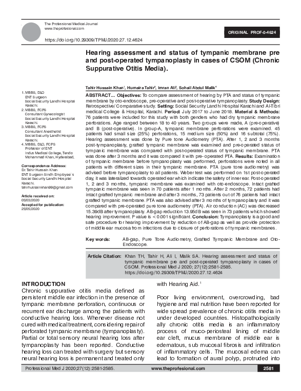 (PDF) Hearing assessment and status of tympanic membrane pre and post-operated tympanoplasty in ...