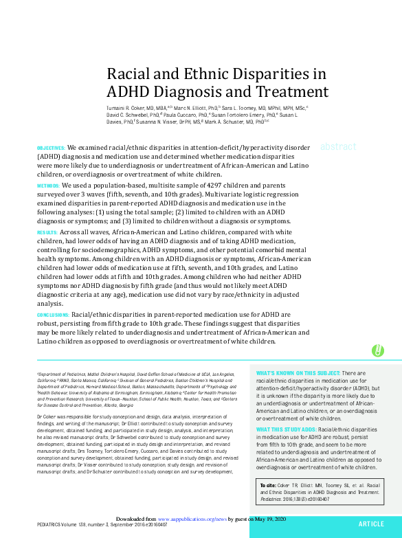 (PDF) Racial and Ethnic Disparities in ADHD Diagnosis and Treatment ...