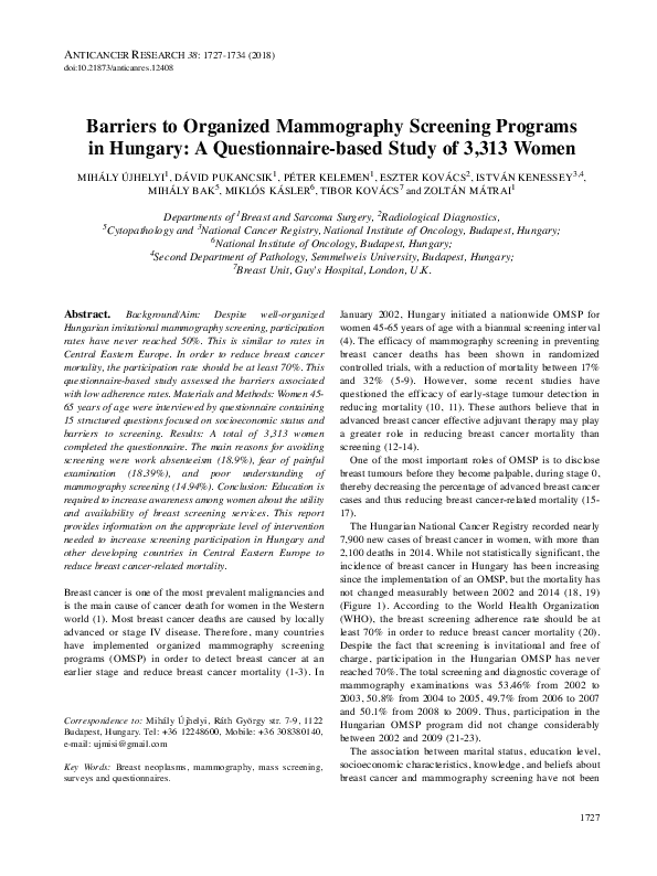 (PDF) Barriers to Organized Mammography Screening Programs in Hungary ...