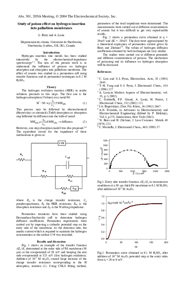 (PDF) Study of poison effect on hydrogen insertion into palladium membranes