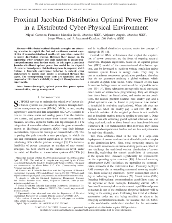 (PDF) Proximal Jacobian Distribution Optimal Power Flow in a Distributed Cyber-Physical Environment
