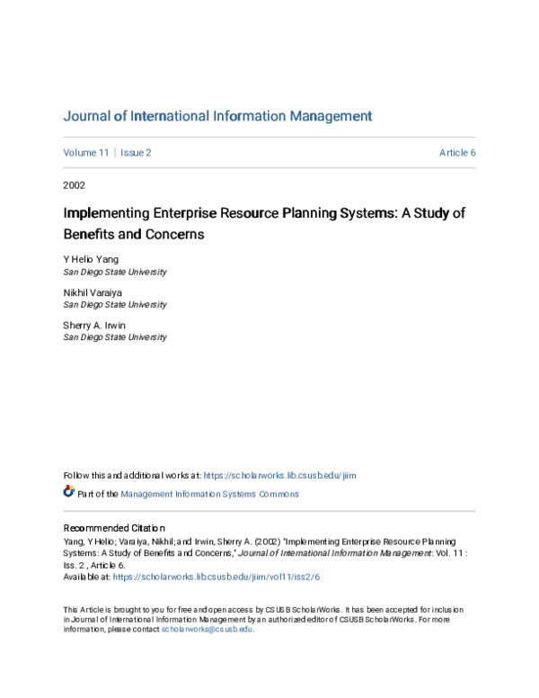 (PDF) Implementing Enterprise Resource Planning Systems: A Study of Benefits and Concerns