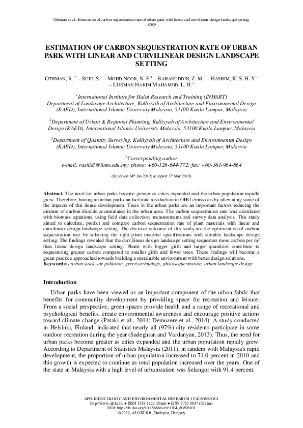 (PDF) Estimation of Carbon Sequestration Rate of Urban Park with Linear and Curvilinear Design ...