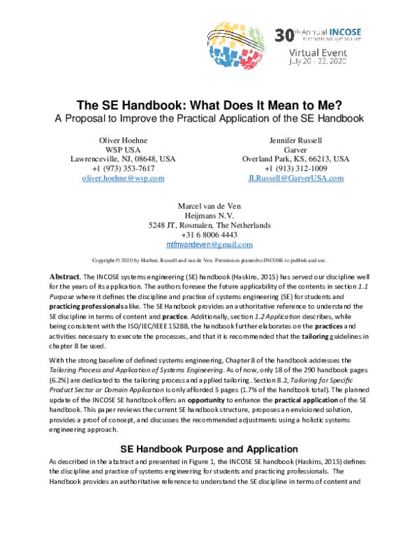 (PDF) The SE Handbook: What Does It Mean to Me? A Proposal to Improve the Practical Application ...