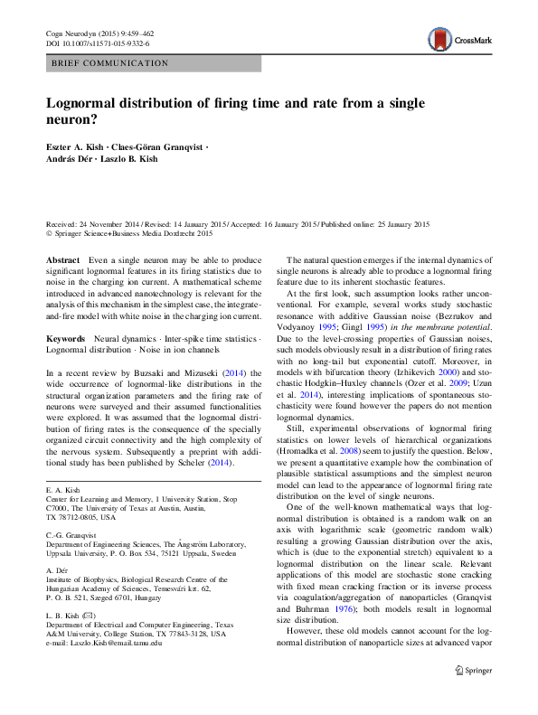 Pdf Lognormal Distribution Of Firing Time And Rate From A Single