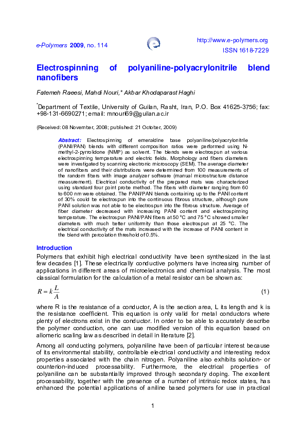 (PDF) Electrospinning of polyaniline-polyacrylonitrile blend nanofibers