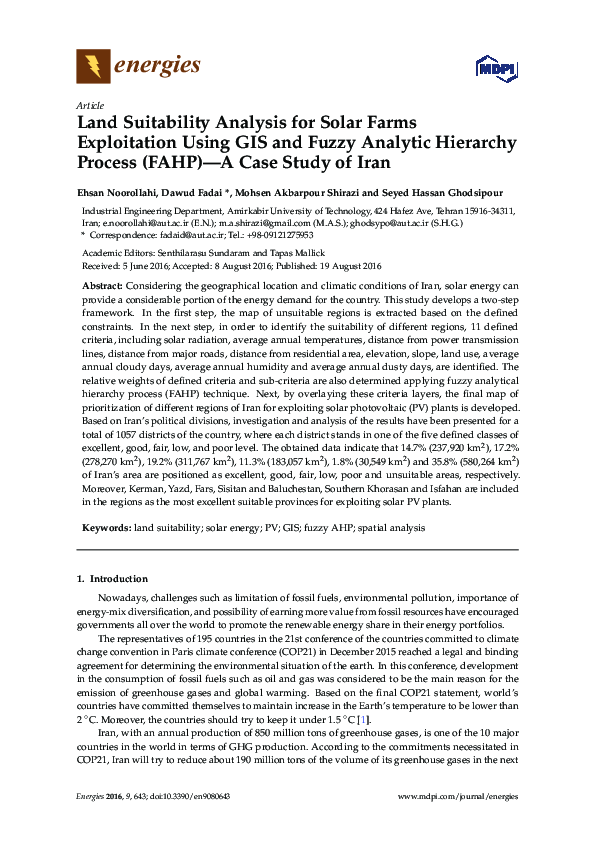 (PDF) Land Suitability Analysis for Solar Farms Exploitation Using GIS and Fuzzy Analytic ...