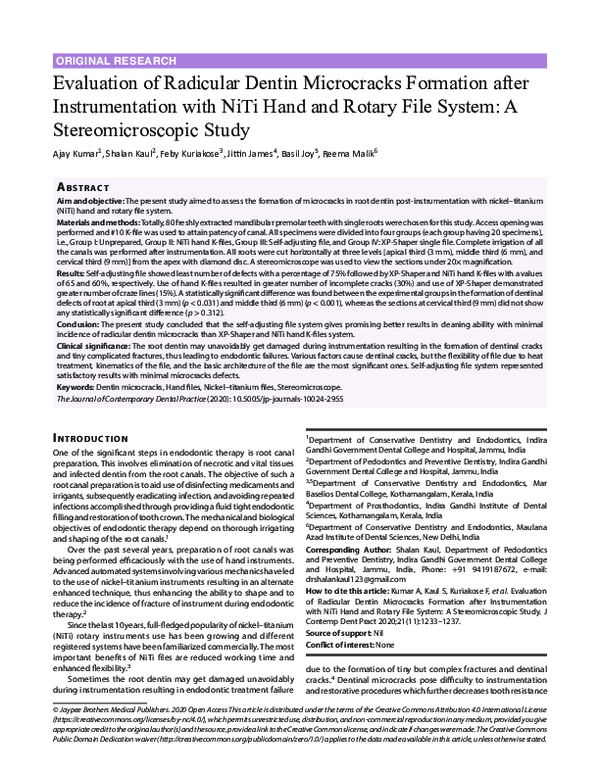 Pdf Evaluation Of Radicular Dentin Microcracks Formation After Instrumentation With Niti Hand