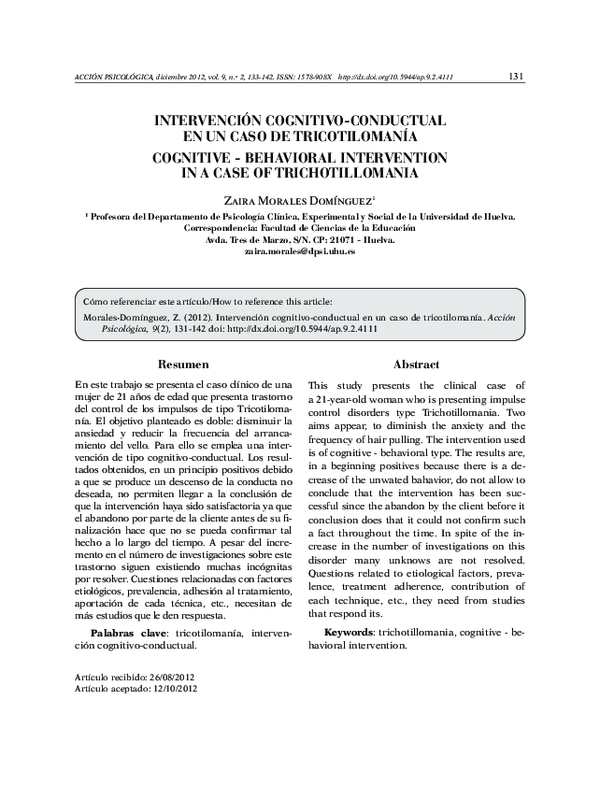 (PDF) Intervención Cognitivo-Conductual en un caso de Tricotilomanía [Cognitive - Behavioral ...