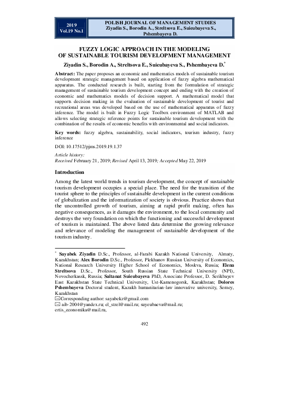 (PDF) Fuzzy Logic Approach in the Modeling of Sustainable Tourism ...