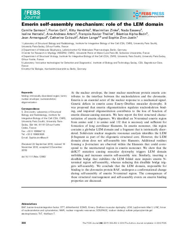 (PDF) Emerin self‐assembly mechanism: role of the LEM domain ...