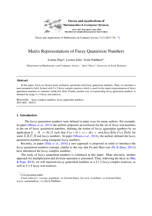 Pdf Matrix Representation Of Fuzzy Quaternions