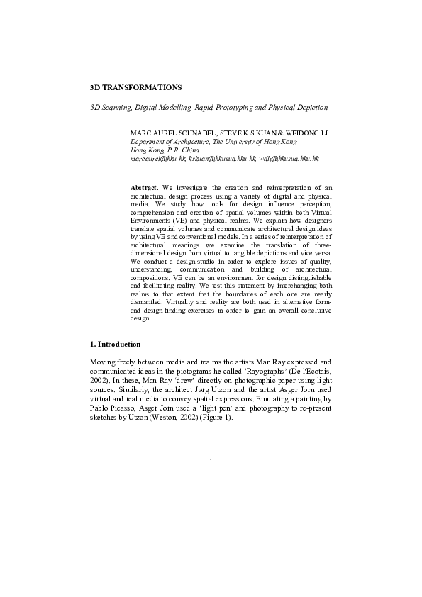 (PDF) 3D Transformations - 3D Scanning, Digital Modelling, Rapid Prototyping and Physical Depiction