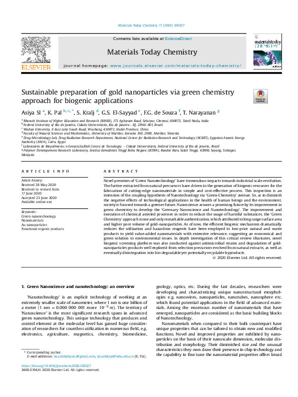 (PDF) Sustainable preparation of gold nanoparticles via green chemistry approach for biogenic ...