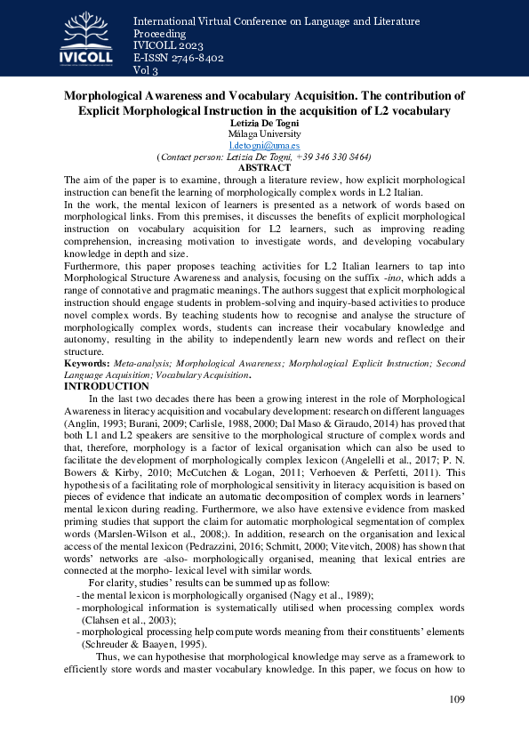 (PDF) Morphological Awareness and Vocabulary Acquisition. The contribution of Explicit ...